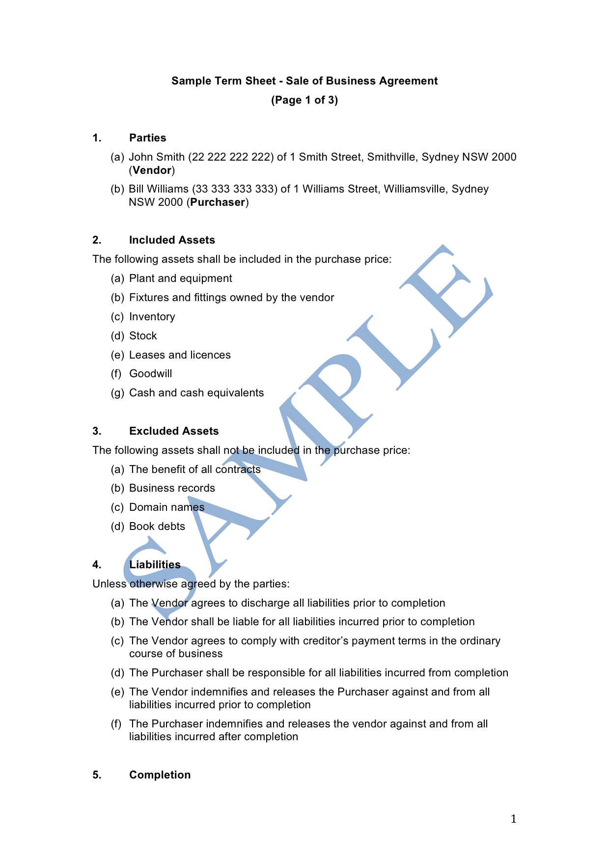 Term Sheet Sale Of Business Free Template Sample Lawpath